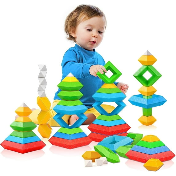 LTONLINE Toddler Stacking Building Blocks Educational Toys 30 Piece Set for 1-3 Year Old Boys ...