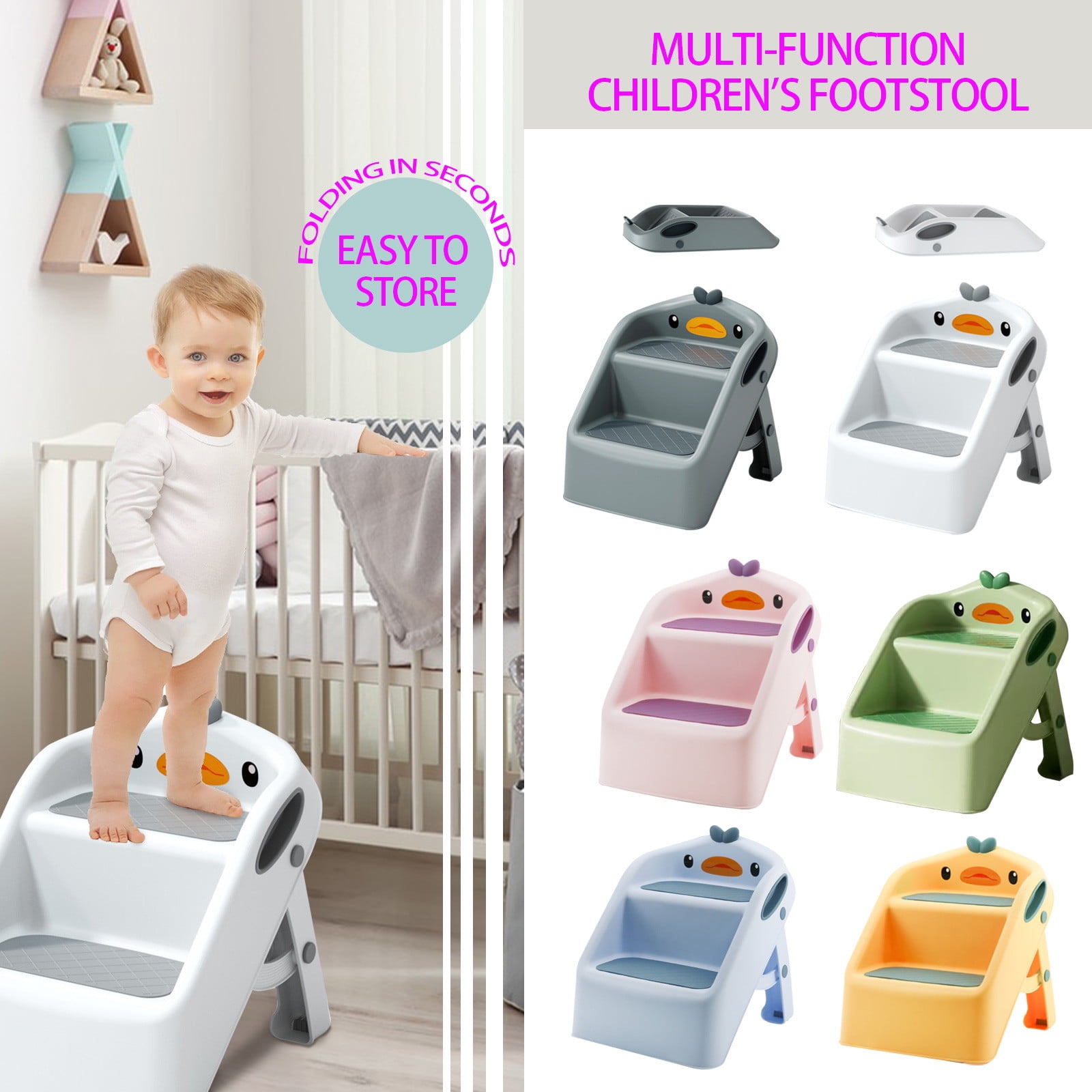 Toddler Step Stool, Easy to Fold Step Stool for Toddlers with Non-Slip ...