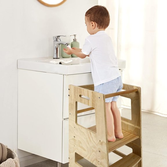 Fionafurn Kids Wooden Step Stool with Safety Rail, Adjustable Height ...