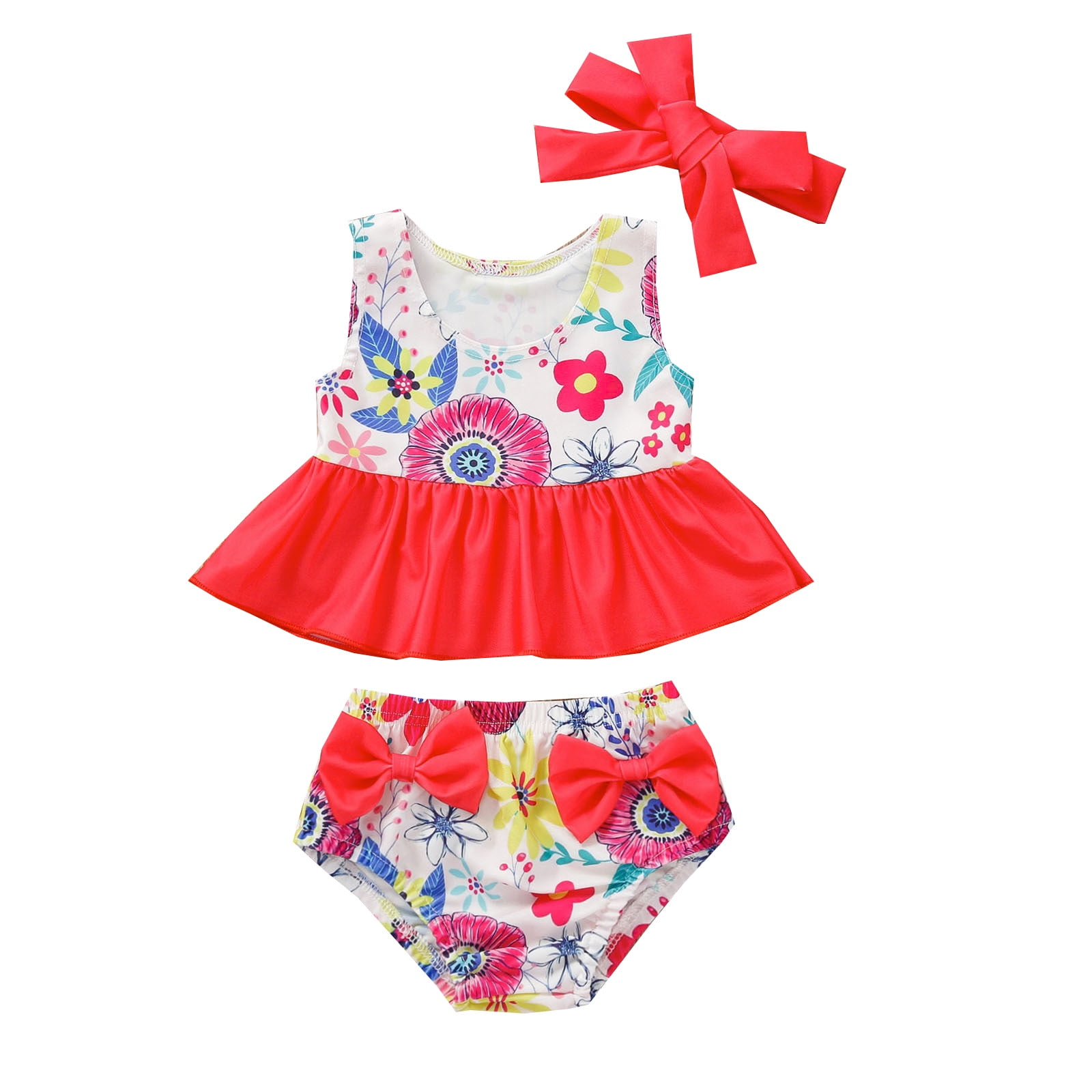Toddler Summer Girls Bowknot Flower Printed Ruffles Two Piece Swimwear ...