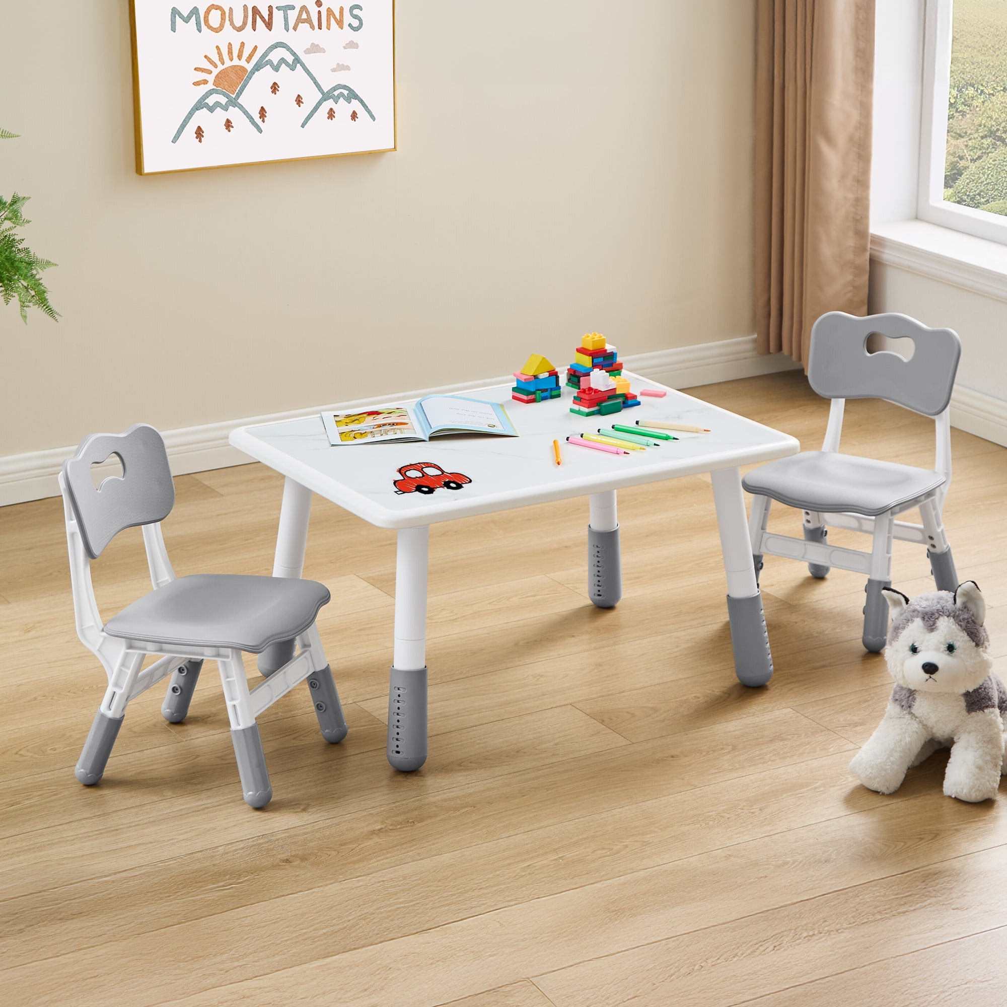 Toddler Table and 2 Chairs Set, Height Adjustable Kids Table and Chair ...