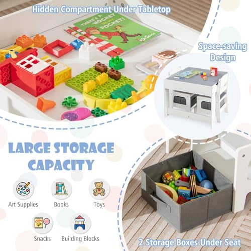 Toddler Table and Chair Set, 3 in 1 Children Activity Table with ...