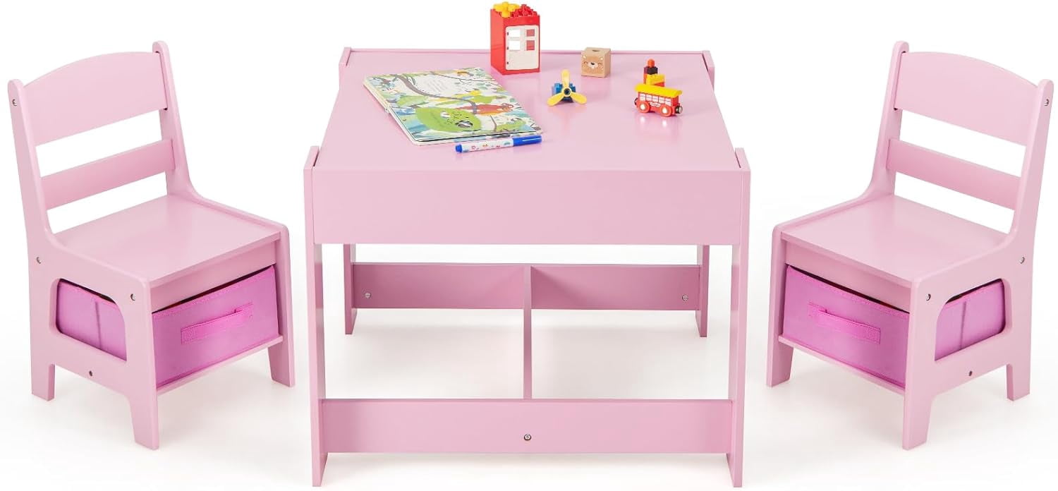Toddler Table and Chair Set, 3 in 1 Wooden Activity Table w/Storage ...