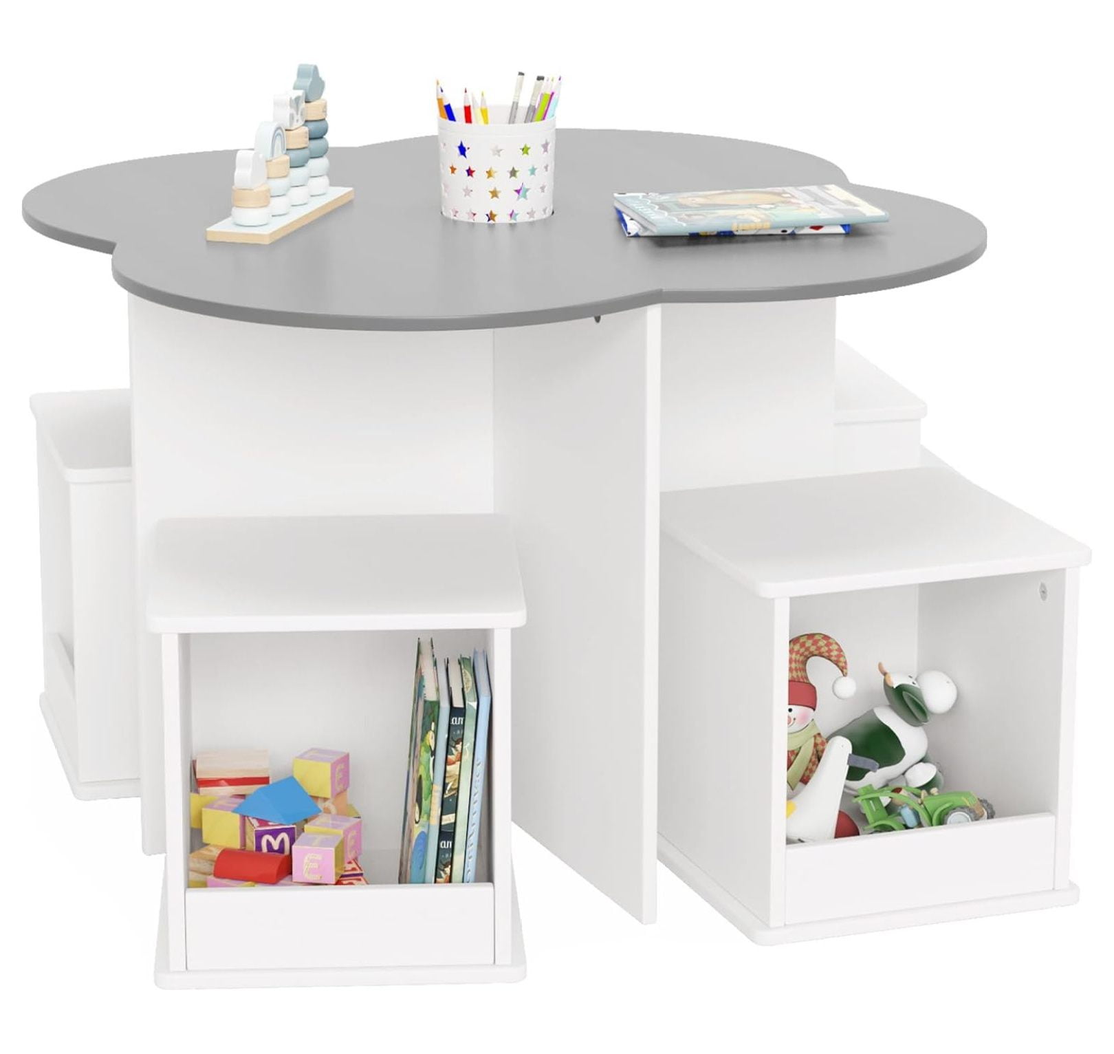 Toddler Table and Chair Set with 4 Storage Stools, Flower Shaped Nesting Design Table with Built ...