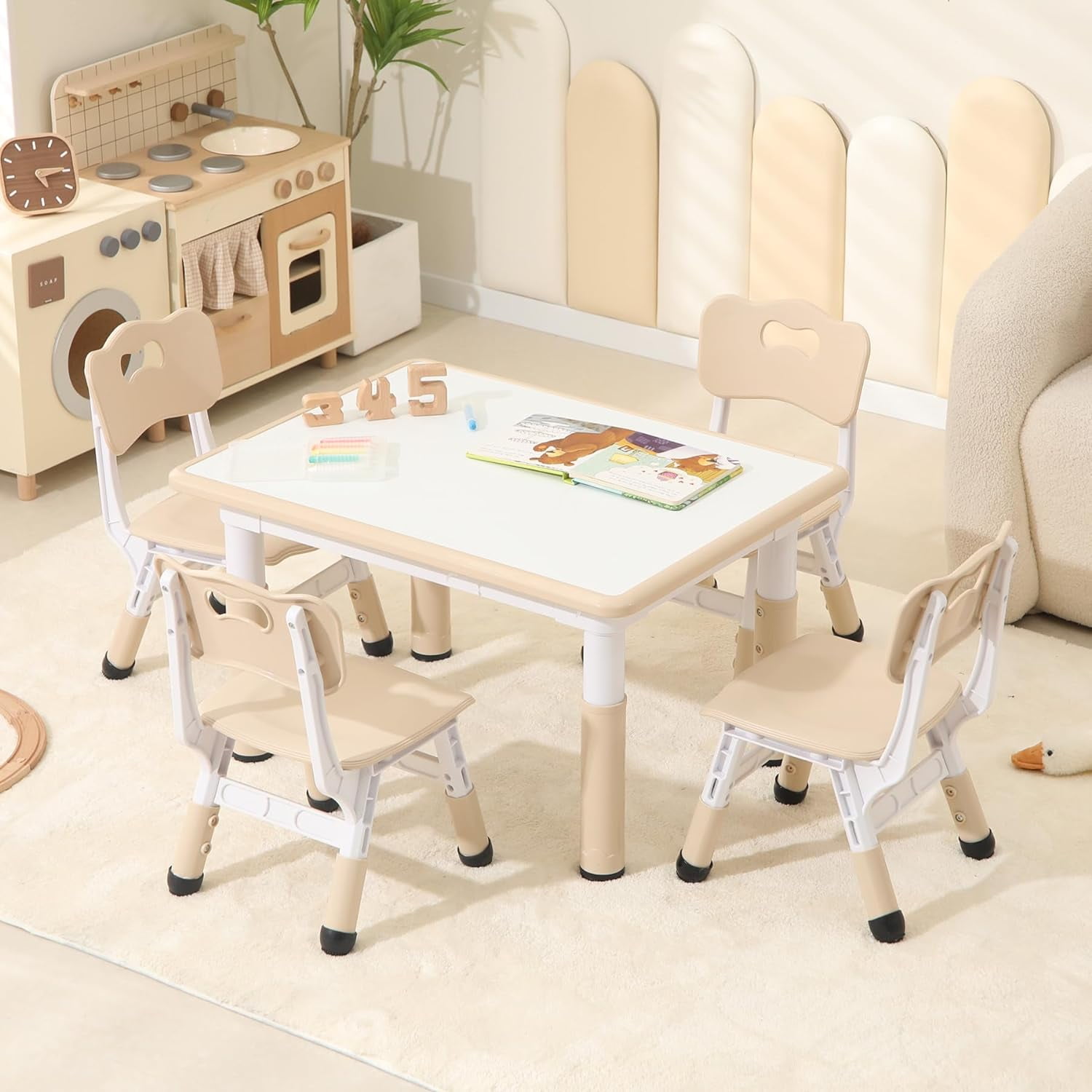 Toddler Table and Chairs, Kids Table and 4 Chairs Set with Graffiti Desktop, Height-Adjustable ...