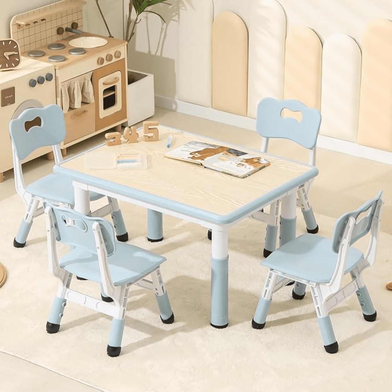 Height-Adjustable Toddler Table & 4 Chairs Set – Graffiti Desktop for Kids 3-8, 300lbs Capacity ...