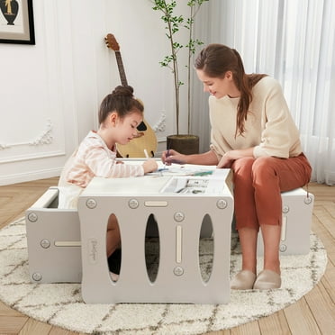 Topbuy Kids 2-in-1 Table and 2 Chairs Set Activity Table with Storage ...
