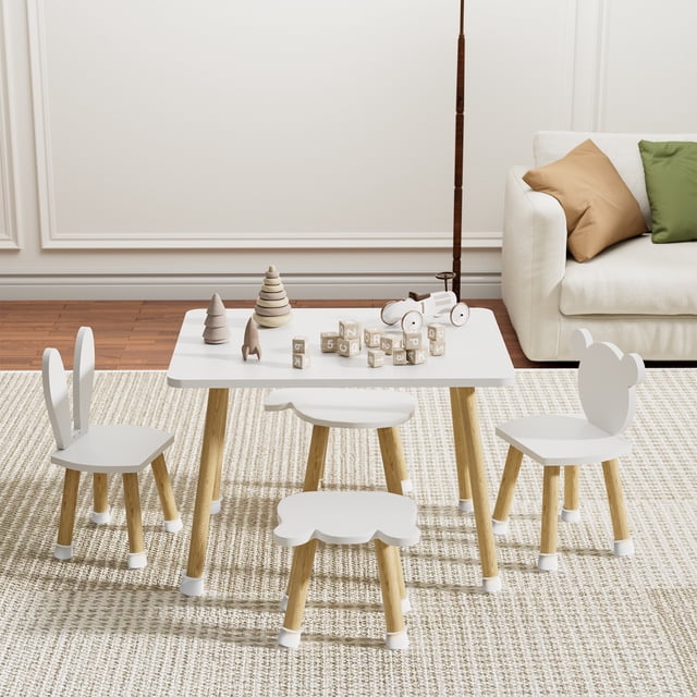 Toddler Table and Chairs Set Wood Kids Play Table with 4 Animals Shape ...