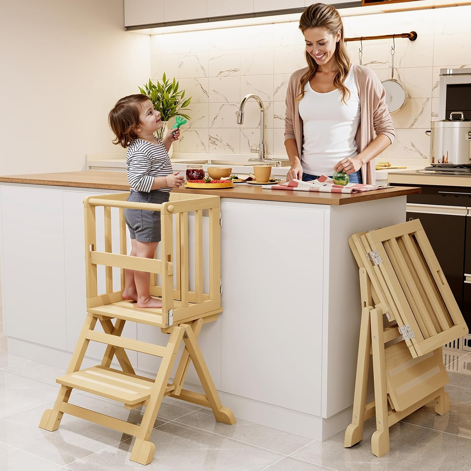 Toddler Tower Foldable Kitchen Helper: Toddler Step Stool Learning ...