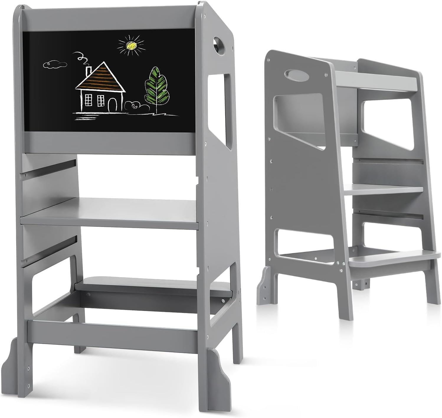 Toddler Tower, Kids Step Stool with Chalkboard & Safety Rails, Standing ...