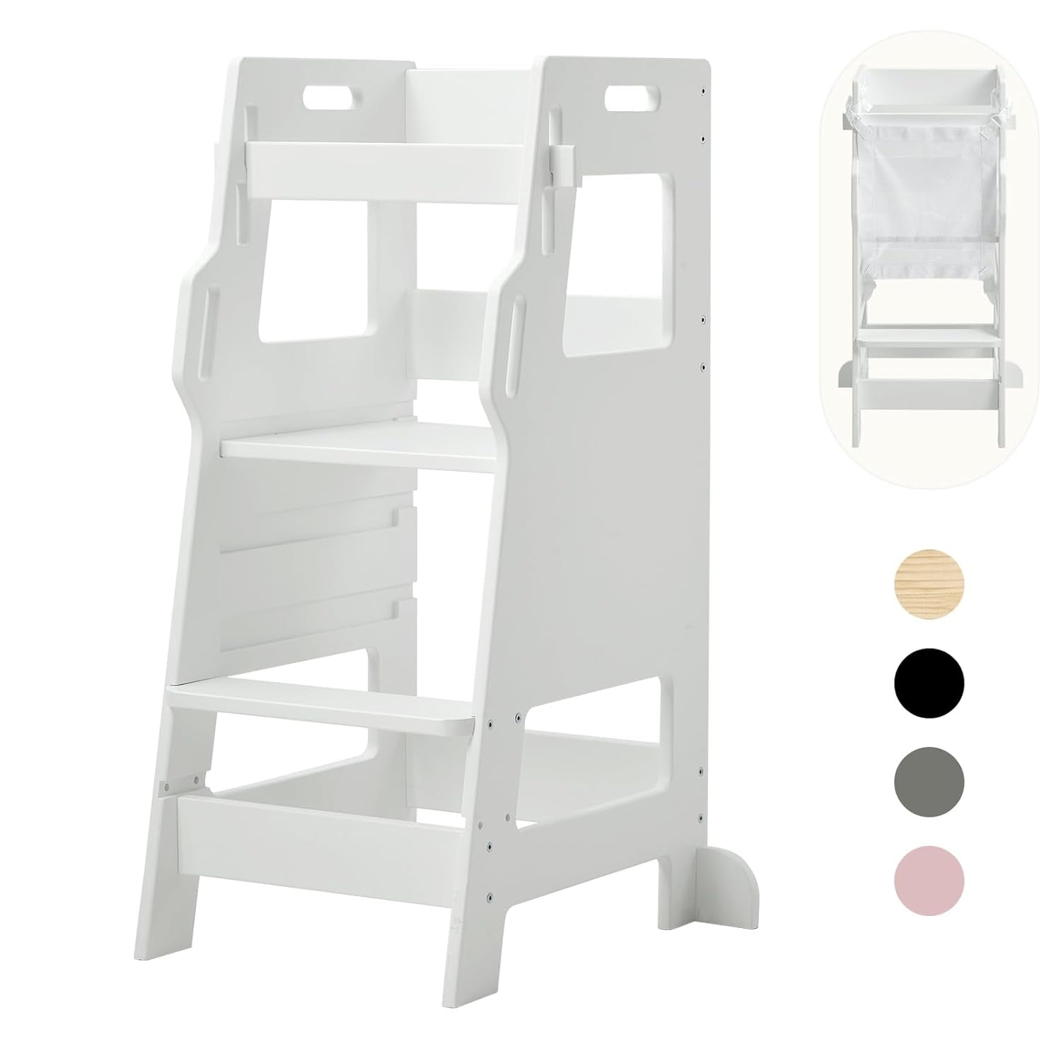 Toddler Tower with Safety Net, Kids Kitchen Step Stool, 3-Level Height ...