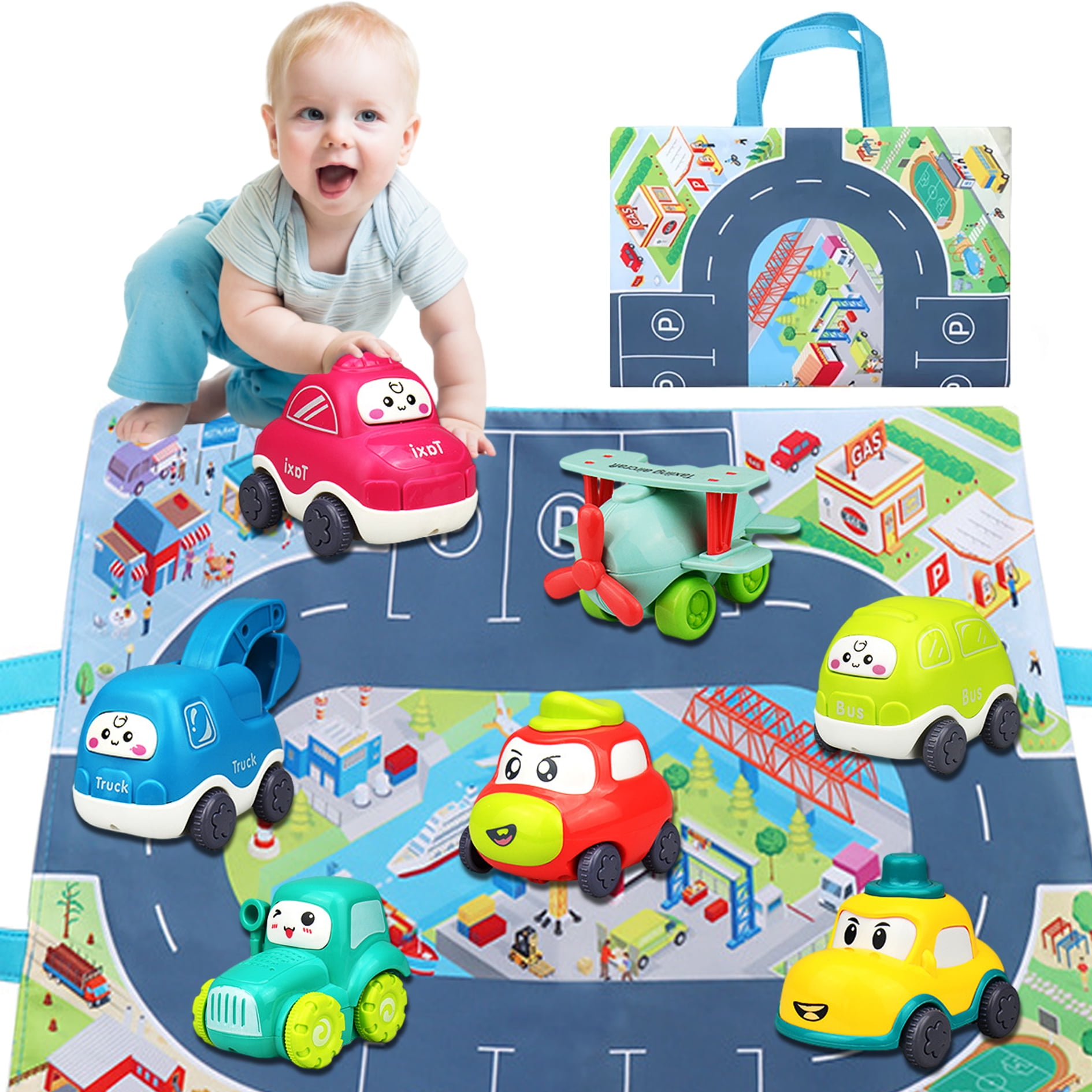 Toddler Toy Cars Set for 1-3 Year Old Boys with Playmat & Storage Bag ...