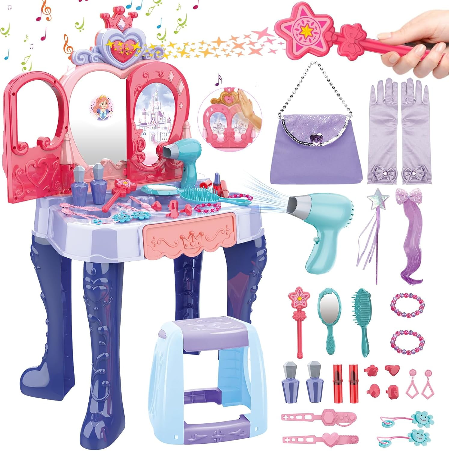 Toddler Vanity Makeup Table Toy with Mirror and Chair, Kids Vanity Playset with Lights, Pretend ...