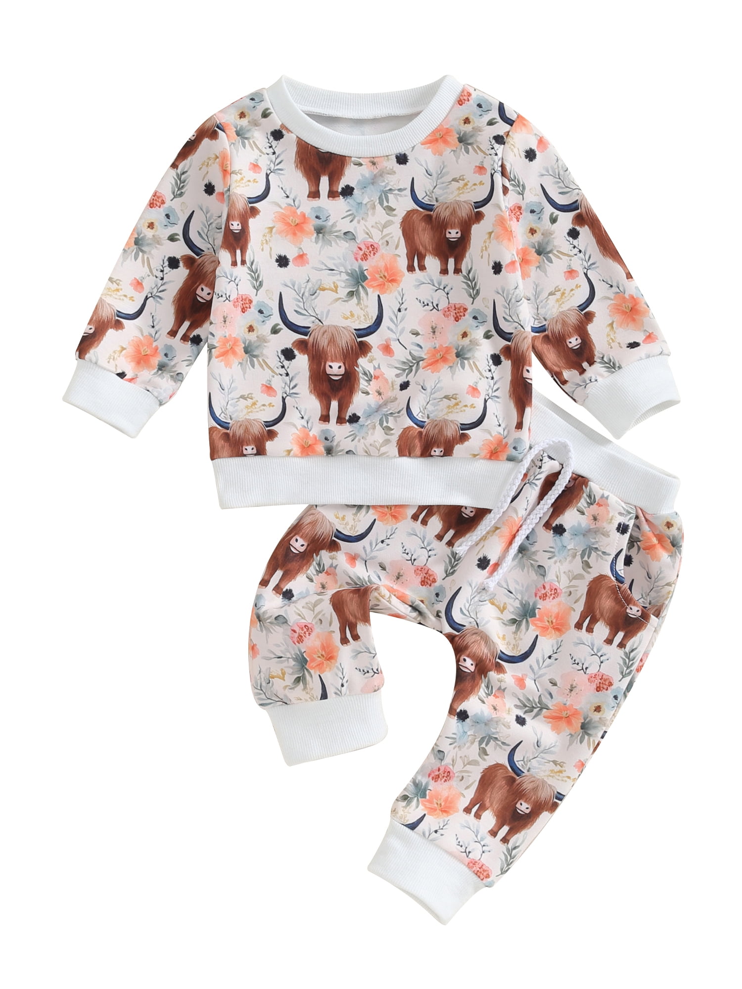 Toddler Western Baby Girl Clothes Fall Outfit Flower Western Cow Print Sweatshirts Pants Fall ...