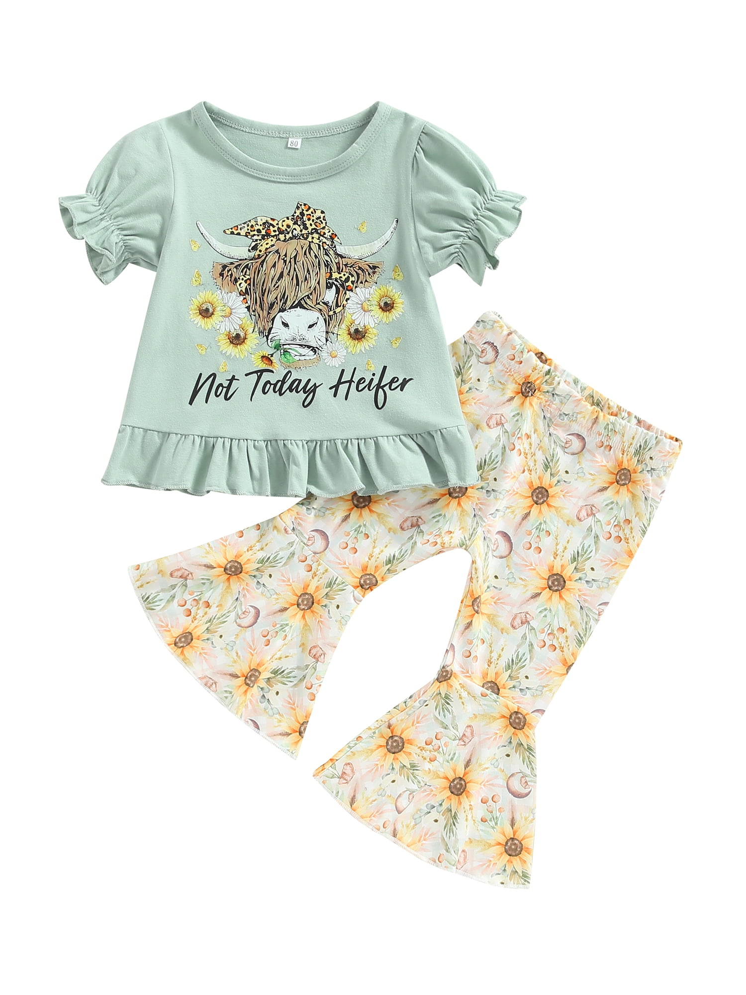 Toddler Western Baby Girl Outfit Ruffle Tunic Top Cow Print Flare Bell Bottom Pants Set Western ...