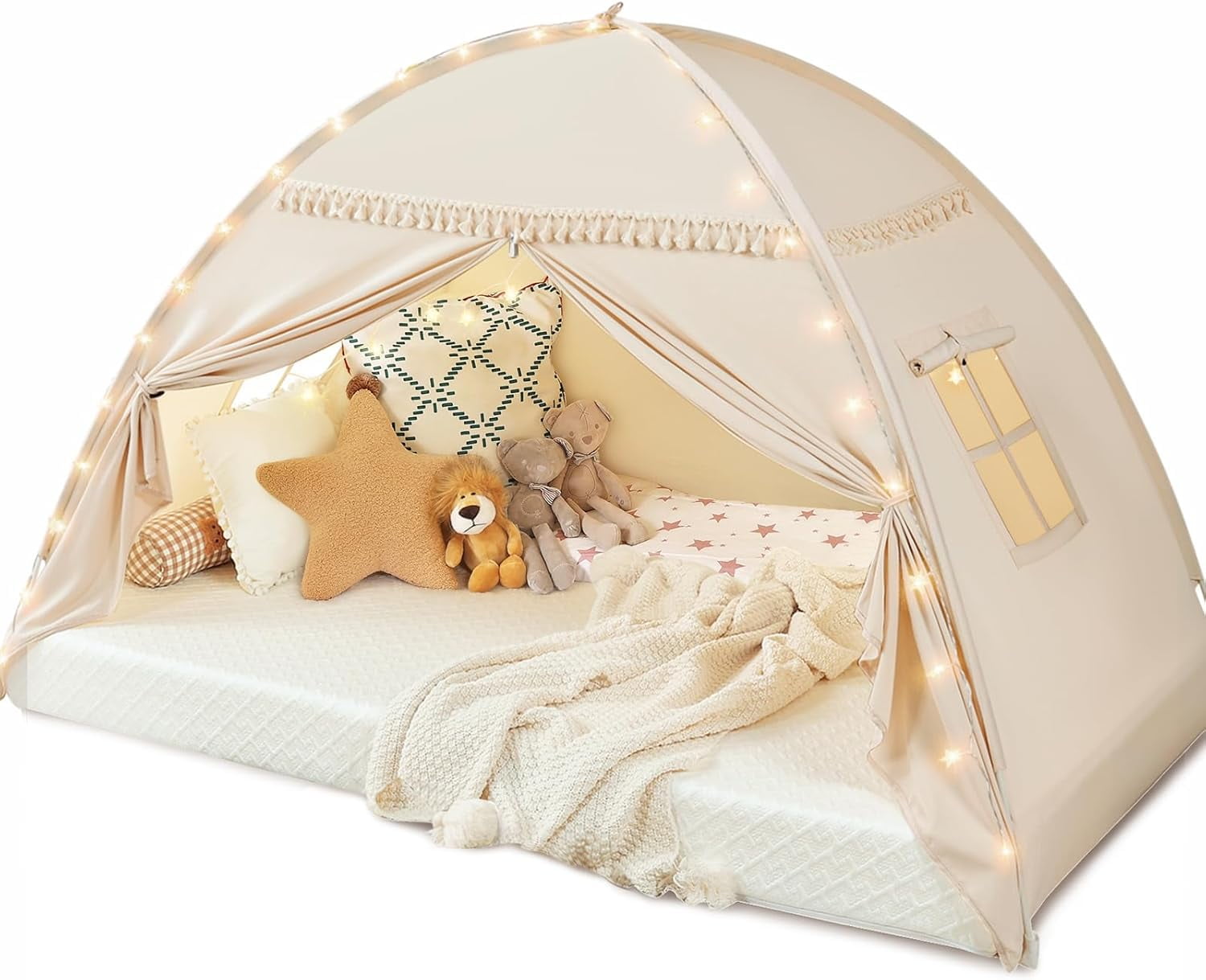 Toddler bed Tent Canopy: Lights & Flags Indoor Floor Bed Kids Tent ...
