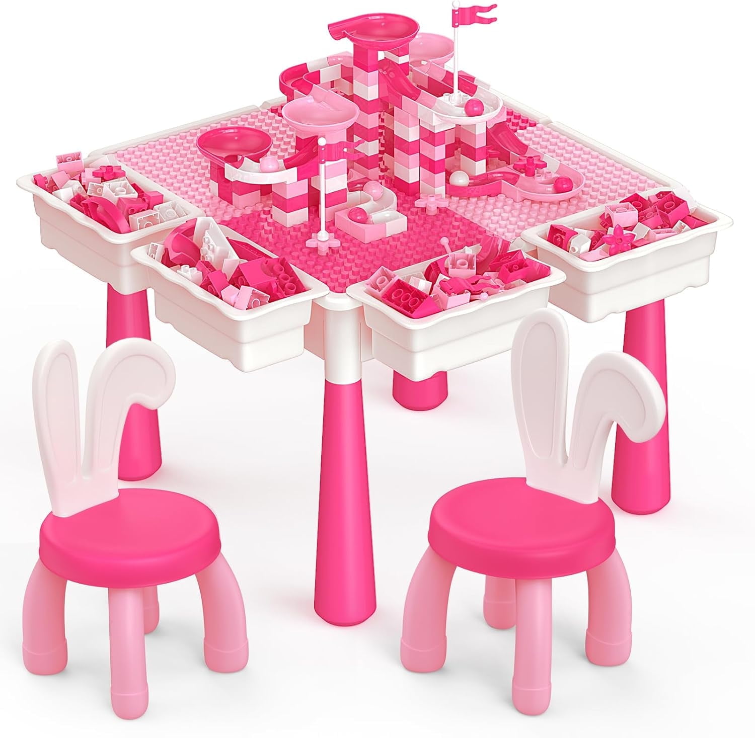 Toddlers Activity Table 7 in 1 Kids Activity Table and Chairs Set with 152Pcs Large Marble Run ...