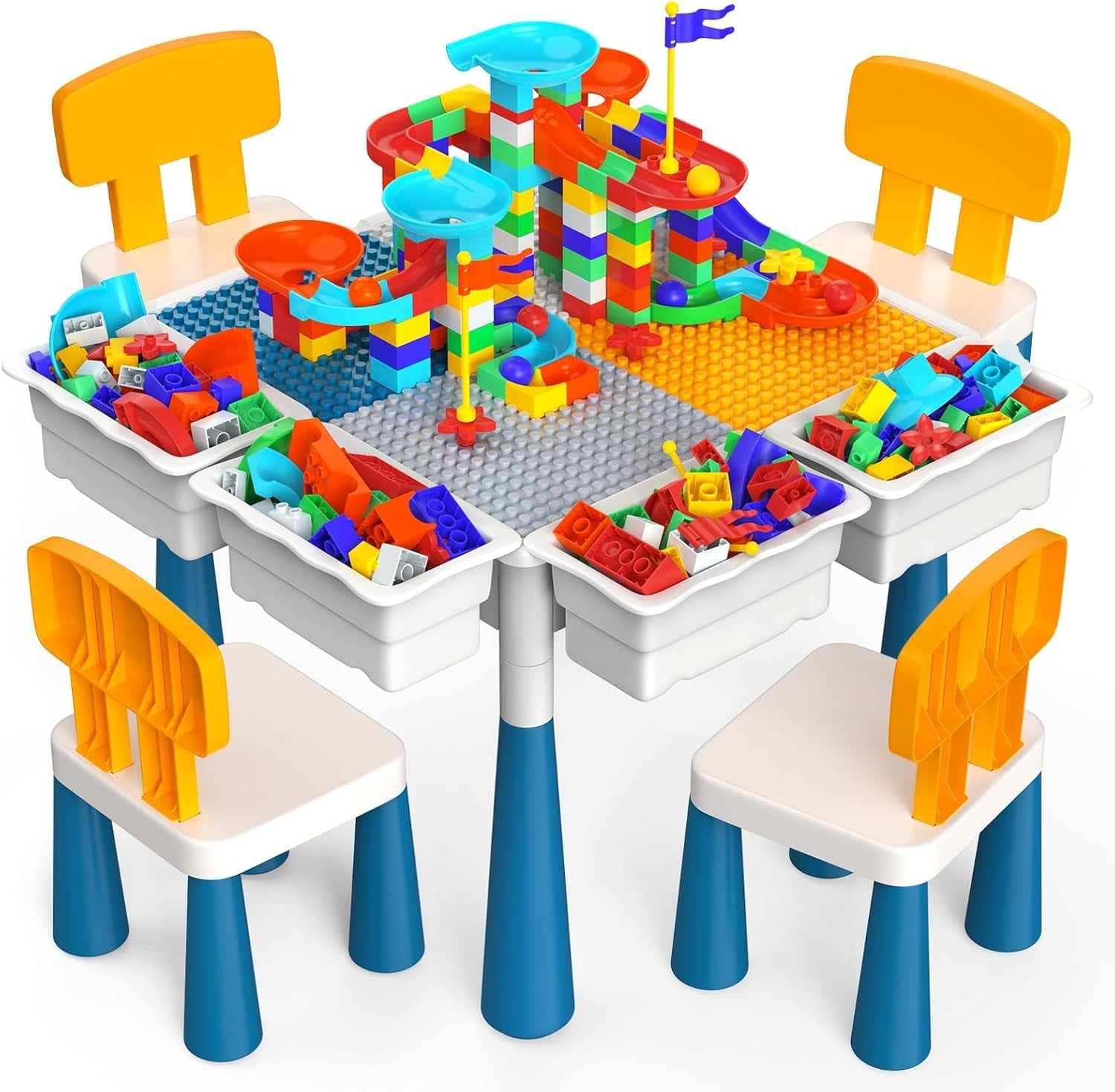 Toddlers Activity Table 7 in 1 Kids Activity Table and Chairs Set with 152Pcs Large Marble Run ...
