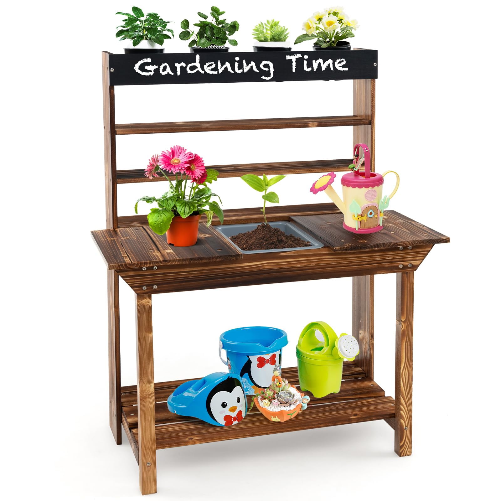 Fir Wood Mud Kitchen for Kids, Outdoor Play Table with 4 Planting Cups ...