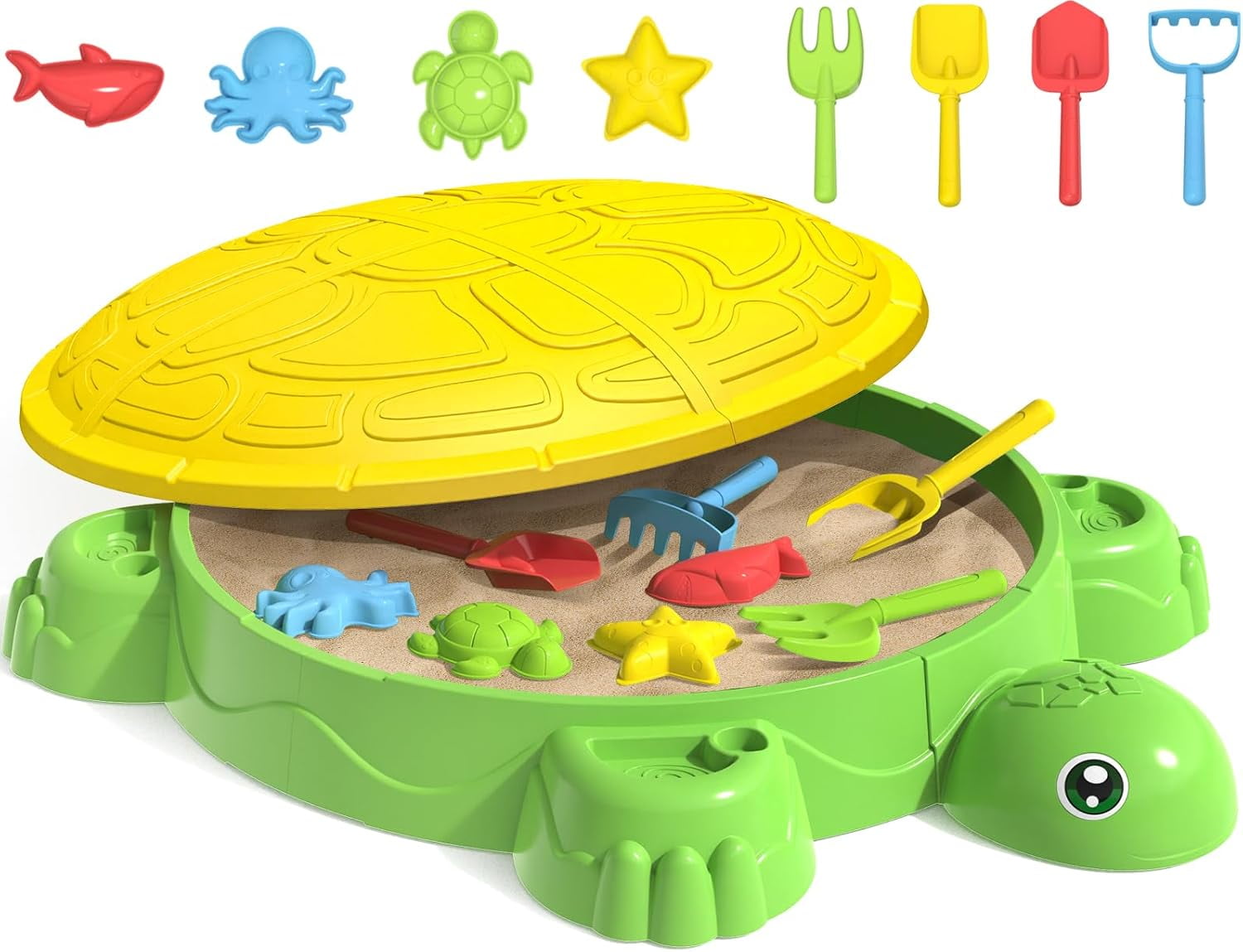 Toddlers Turtle Sandbox with Lid, 8PCS Sand Molds and Shovels Set Kids ...