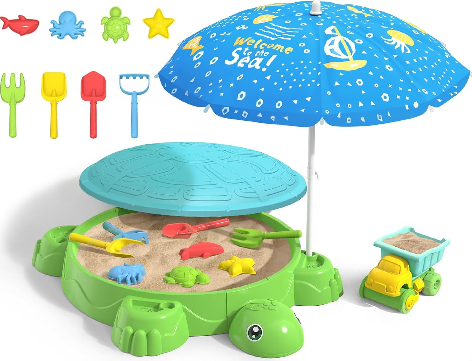 Toddlers Turtle Sandbox with Lid, 8PCS Sand Molds and Shovels Set Kids ...