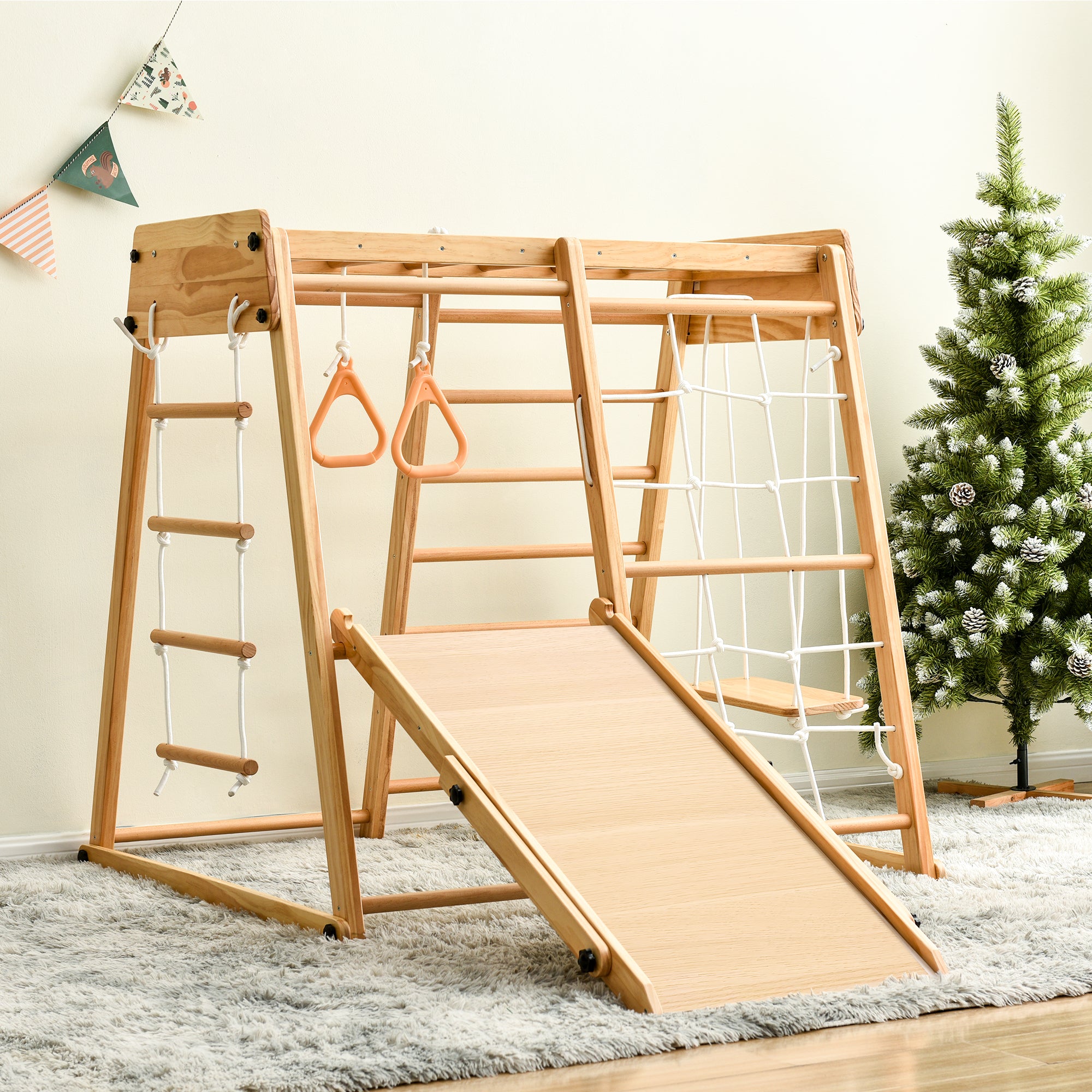 Toddlers Wooden Climber 8-in-1 Slide Swing Rings Playset Indoor Kids ...