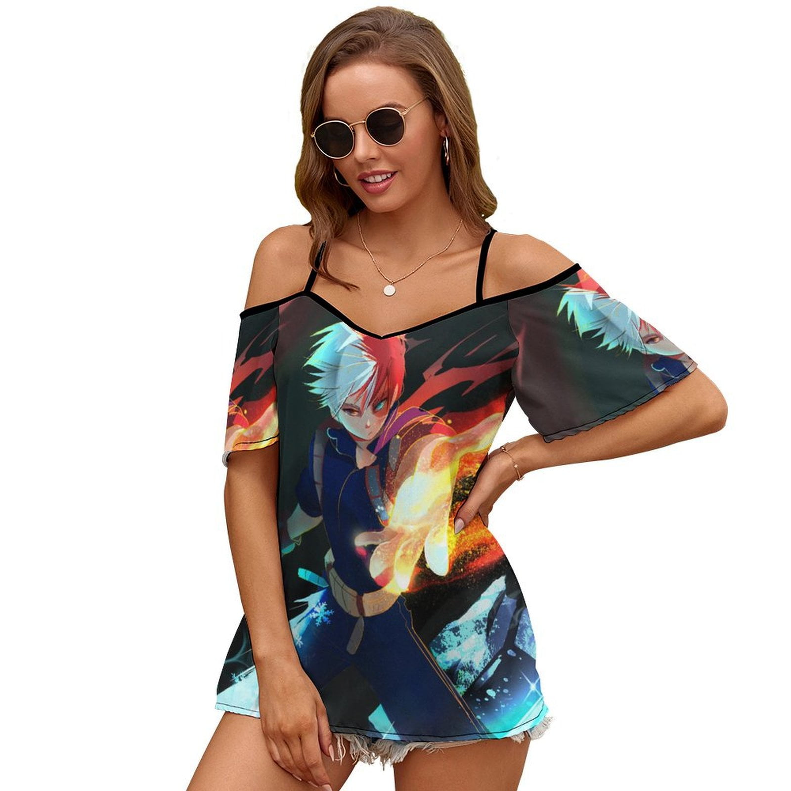 Todoroki Shoto My Hero Academia Cold Shoulder T-Shirt For Womens Short ...