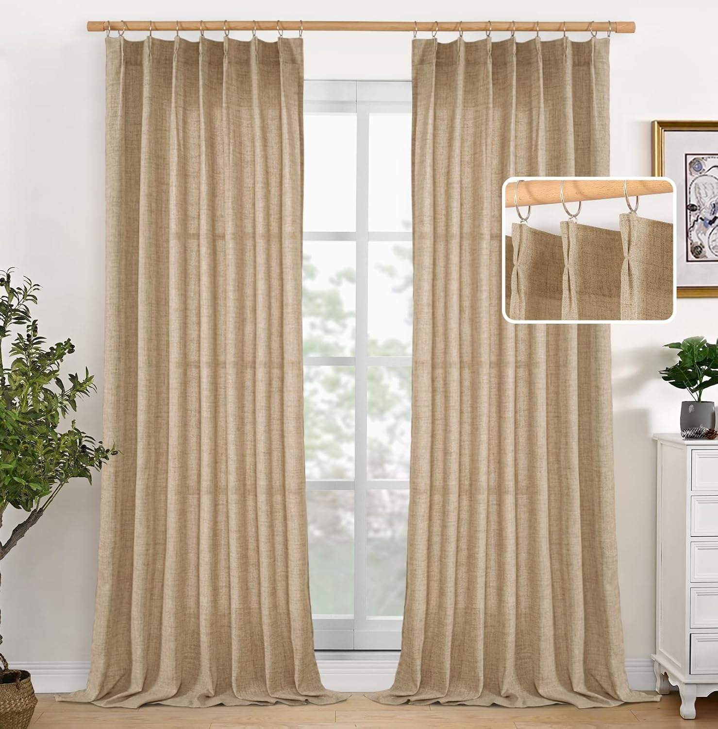 Toffee Linen Curtains 84 Inch Length for Living Room, Burlap Semi Sheer ...