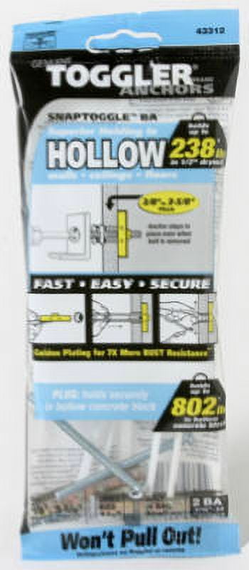 Toggler Snaptoggle, 2 Pack, 3/16"-24", BA Hollow Wall Anchors, 1/2" He ...