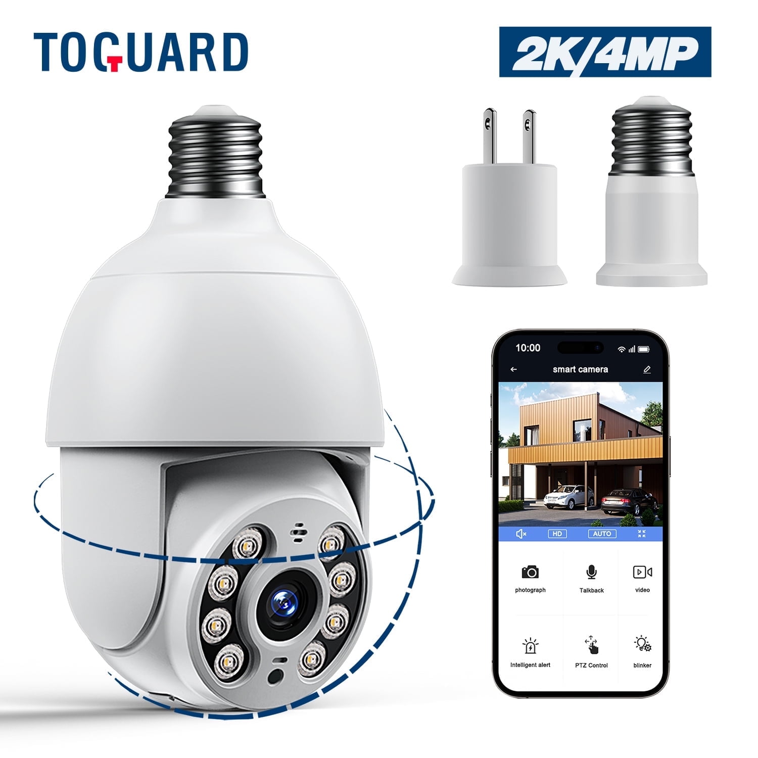 Toguard SC30 2K/4MP WiFi Light Bulb Security Camera with PTZ, Night ...