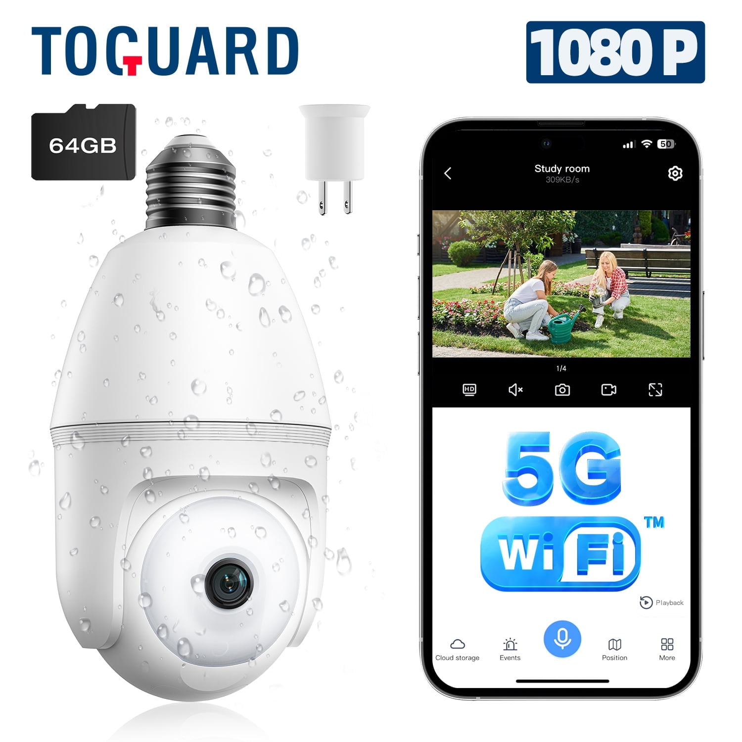 Toguard SC47 Waterproof Indoor/Outdoor Dome 5G/2.4G WiFi Light Bulb ...