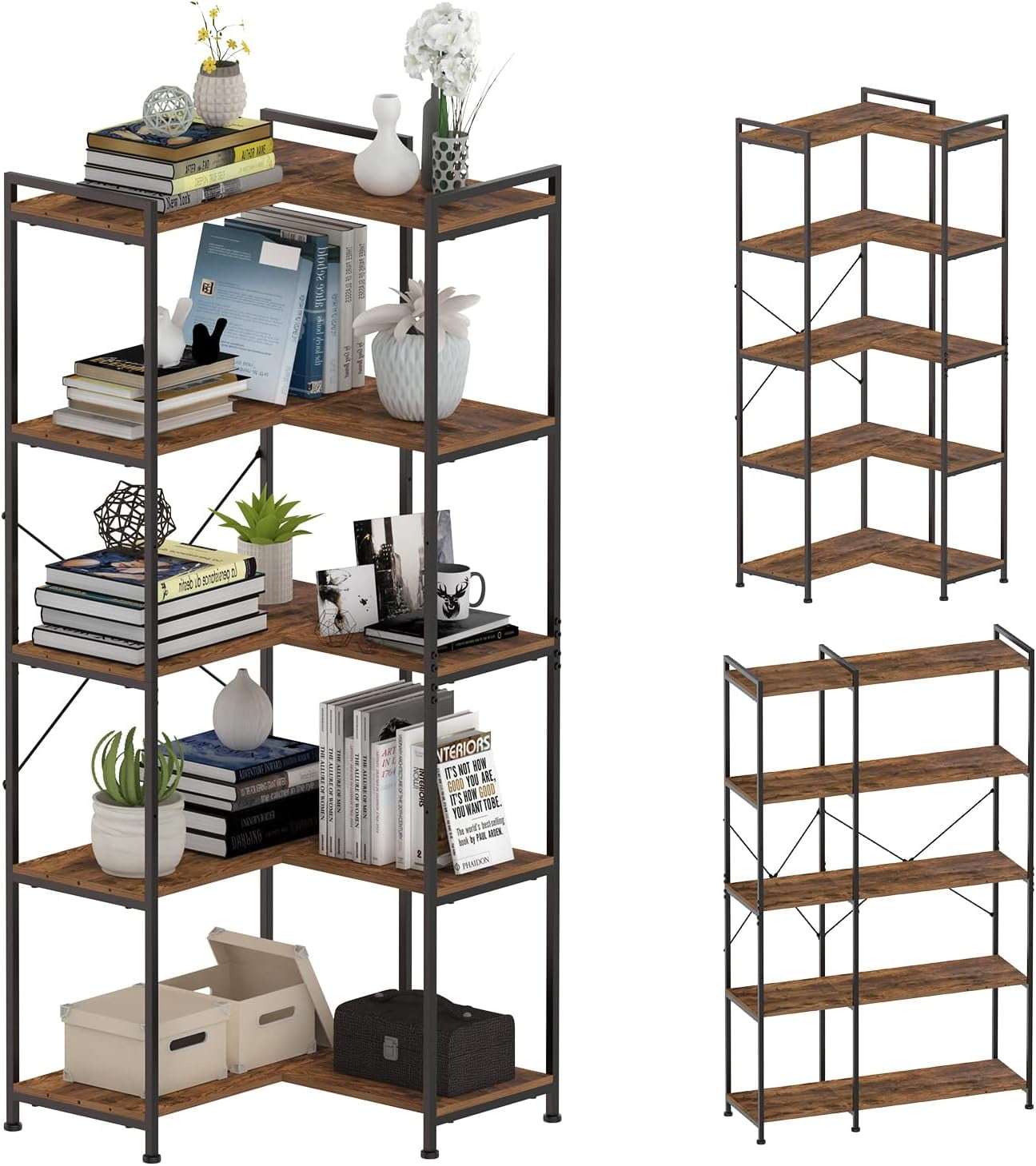 Tohomeor Bookshelf 5 Tier Deformable Corner Bookcase Free Standing ...