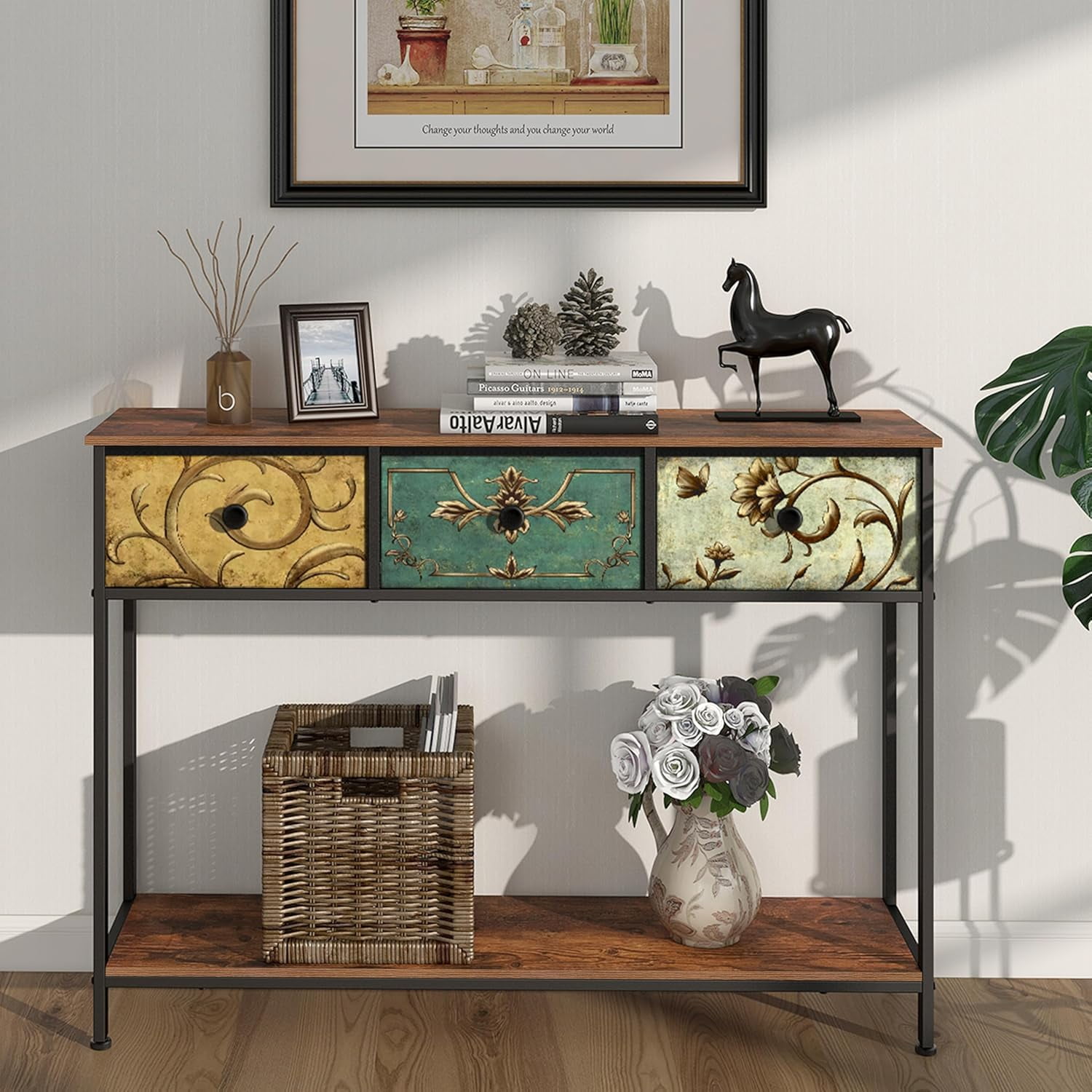 Entryway Console Table with 3 Retro Flowers Fabric Drawers Boho Narrow ...