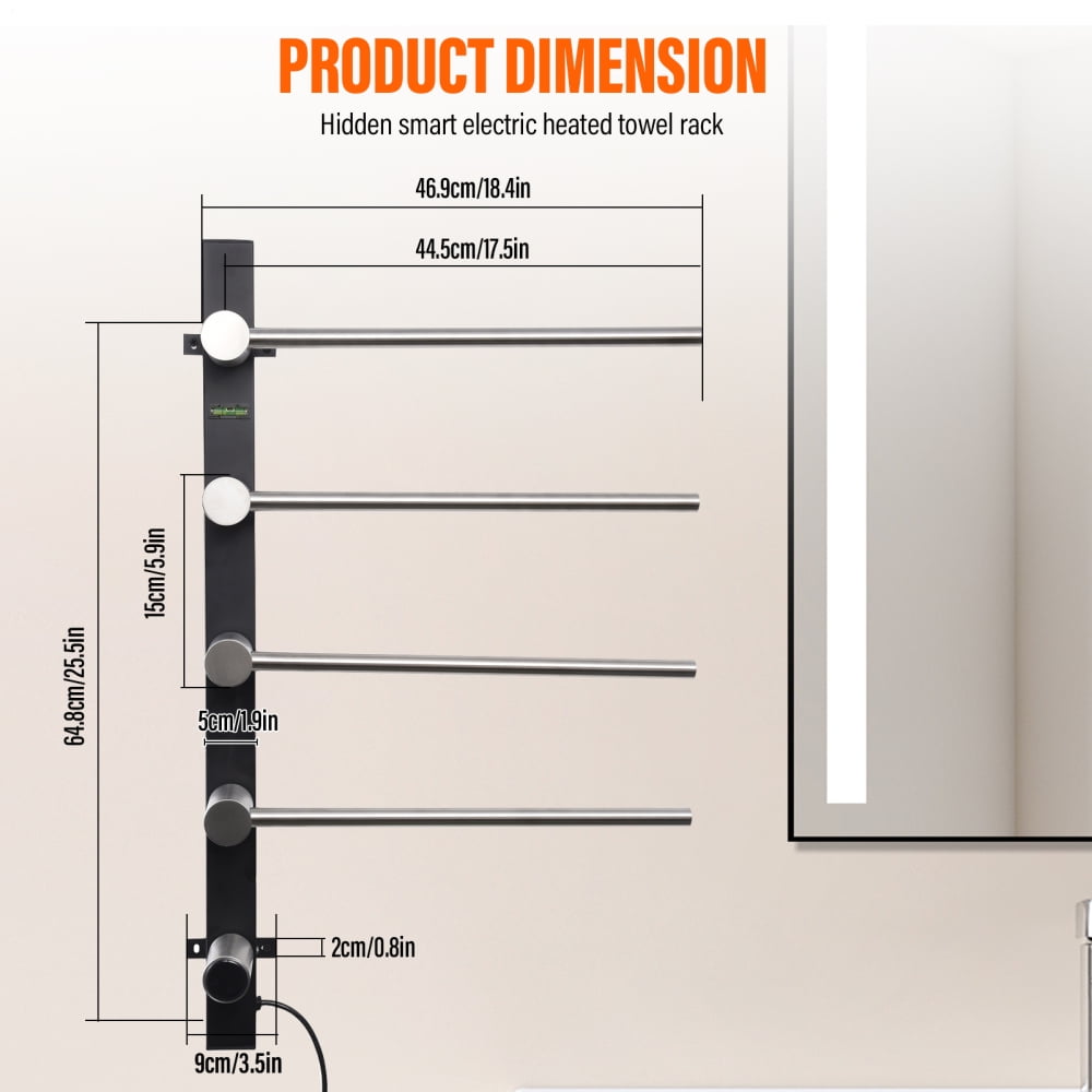 Tohu 75W Heated Towel Rack, 304 Stainless Steel Increment Control Touch ...