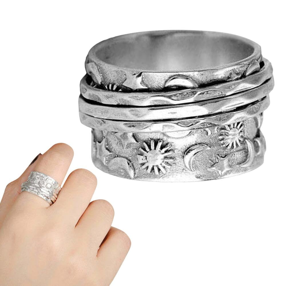 Tohuu Relieves Star Sun Moon Ring Boho Stainless Steel Silver Rotating ...