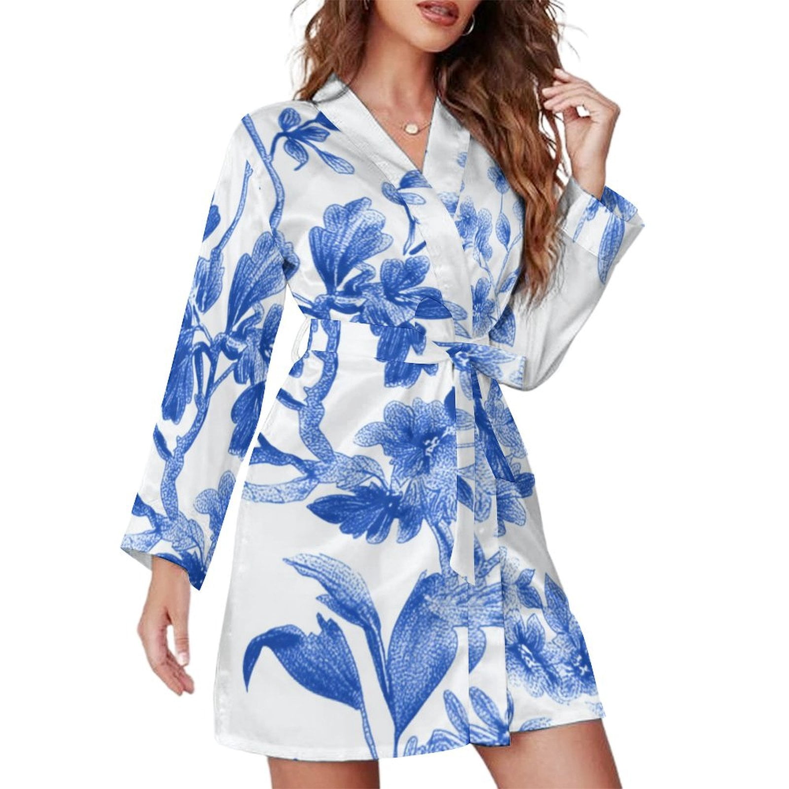 Toile De Jouy Blue And White Night Robe Long Sleeve V Neck Robe With ...