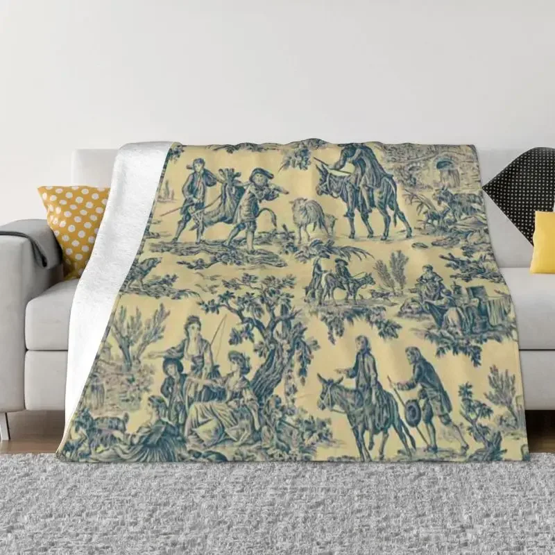 Toile De Jouy Blue And Yellow Blankets Hunting Scenes Vintage Floral ...