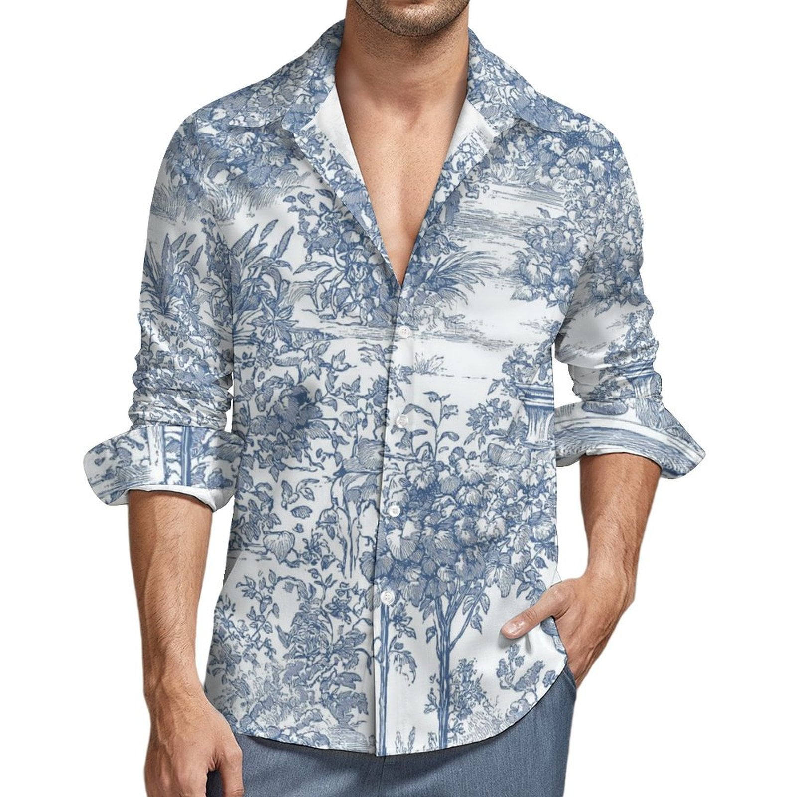 Toile De Jouy Hawaiian Shirt for Men Long Sleeve Button Down Beach ...