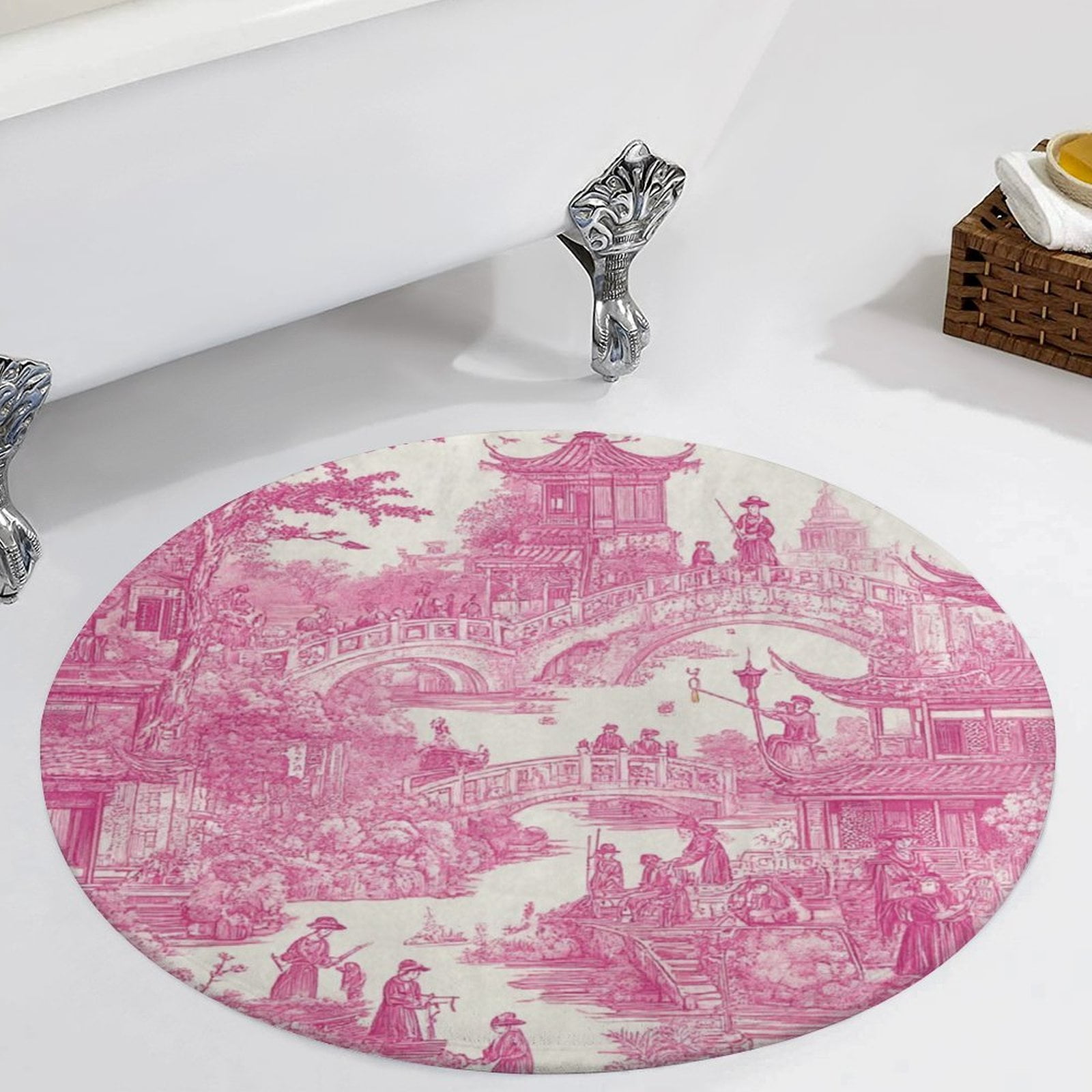Toile De Jouy Pink Chinoiserie Tea House Pagoda-2 Round Area Carpets ...
