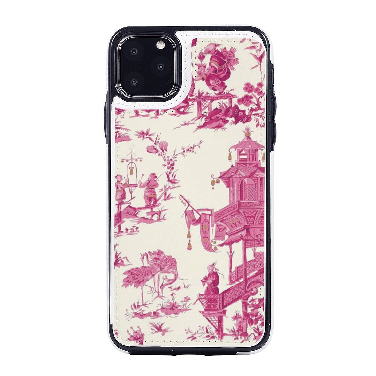 Toile De Jouy Pink Chinoiserie Tea House Pagoda Leather Wallet Case for iPhone 16 15 14 13 12 11 ...