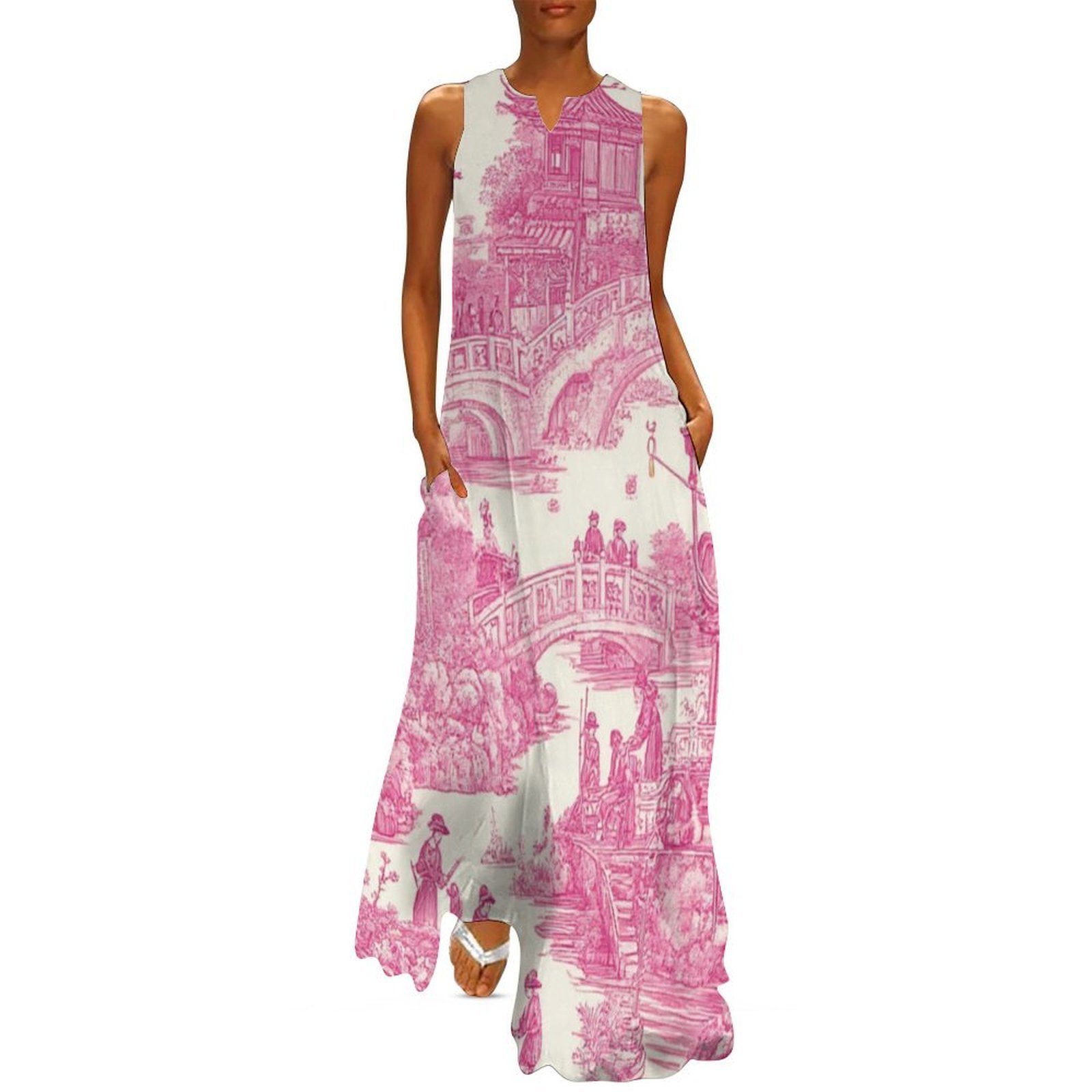 Toile De Jouy Pink Chinoiserie Tea House Pagoda Long Dress luxury ...
