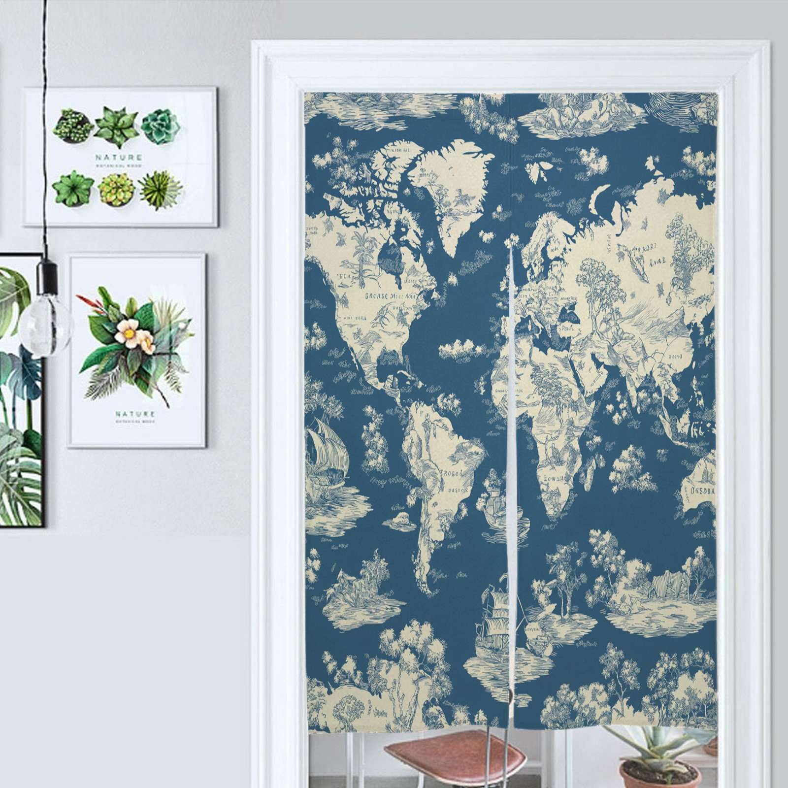 Toile De Jouy World Map Print Door Curtain Nordic Living Room ...