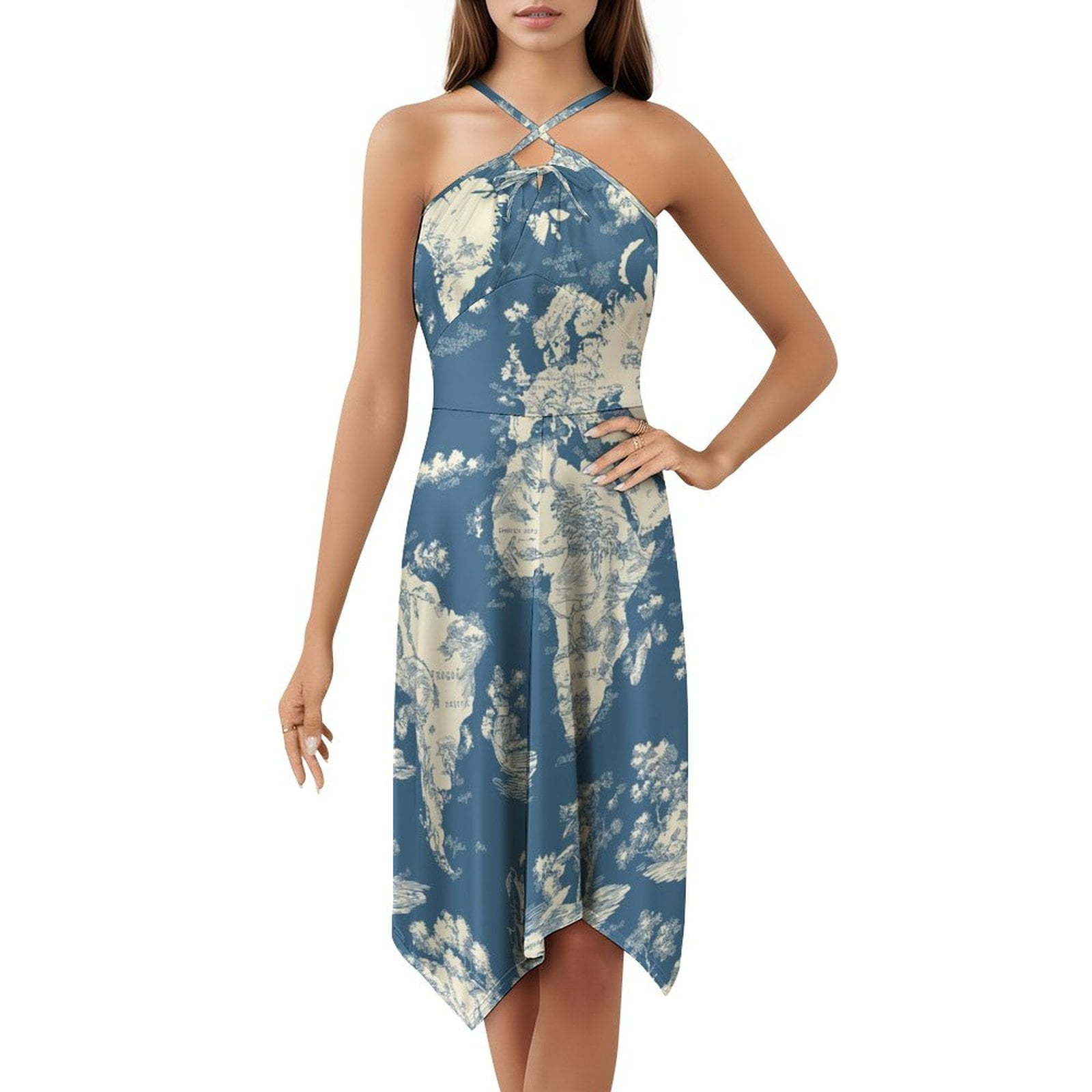 Toile De Jouy World Map Print Dress Elegant Party Dresses Evening ...