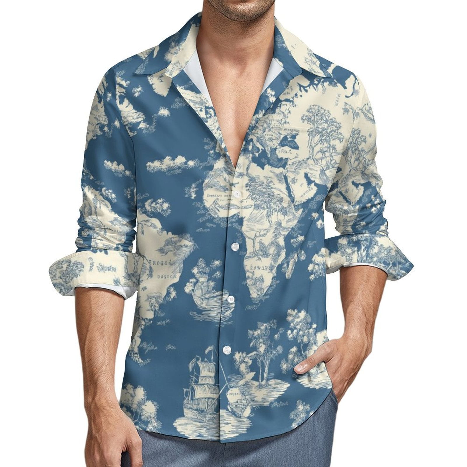 Toile De Jouy World Map Print Hawaiian Shirt for Men Long Sleeve Button ...