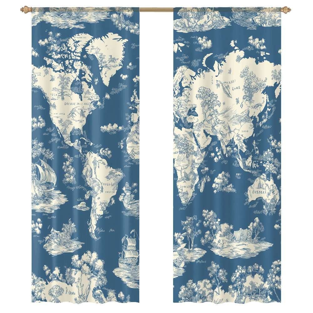 Toile De Jouy World Map Print Sheer Window Curtains for Living Room ...