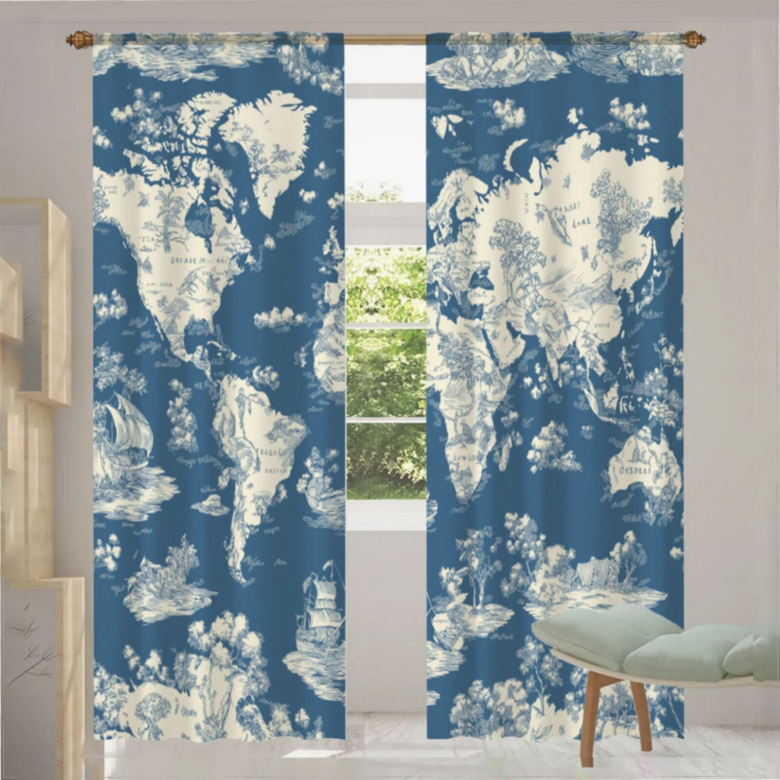 Toile De Jouy World Map Print Sheer Window Curtains for Living Room ...