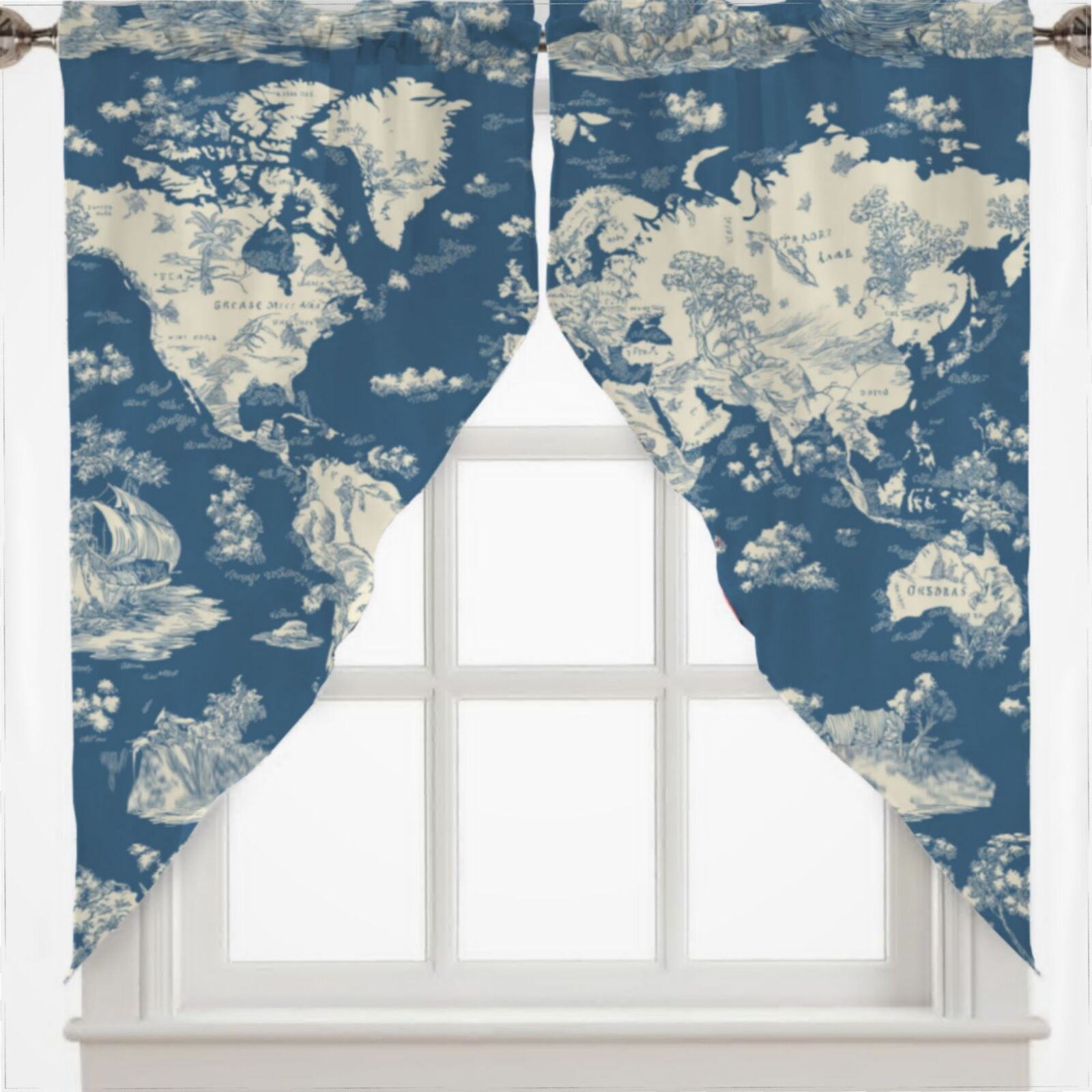 Toile De Jouy World Map Print Swag Valances For Windows 2 Pack For ...