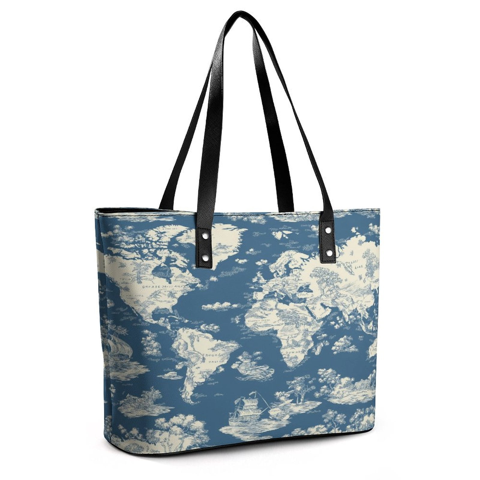 Toile De Jouy World Map Print Woman Leather Handbags Large Tote Bag ...