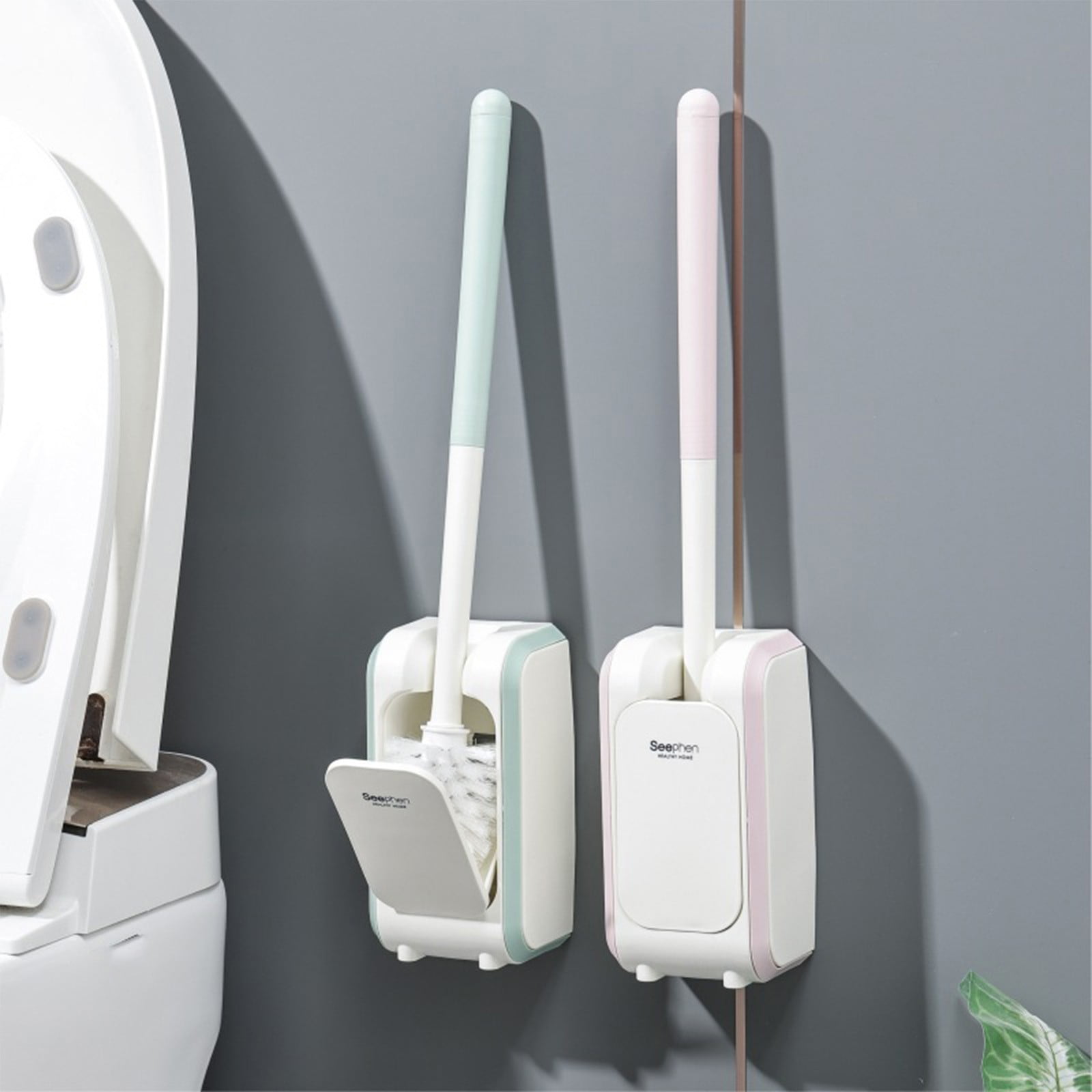 Toilet Brush Set with Long Handle and Base for Bathroom Cleaning Non ...