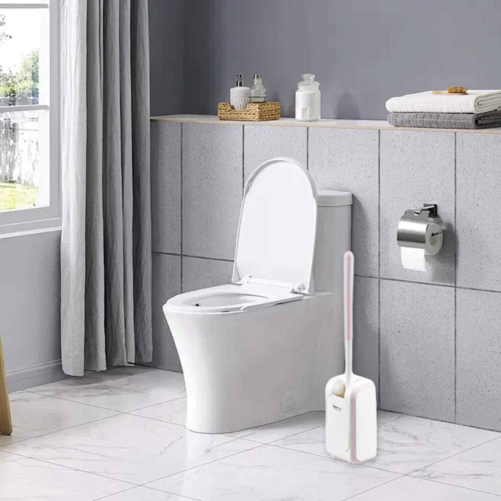 Toilet Brush with Seat Set, Long Handle Pink Toilet Brush with Integral ...